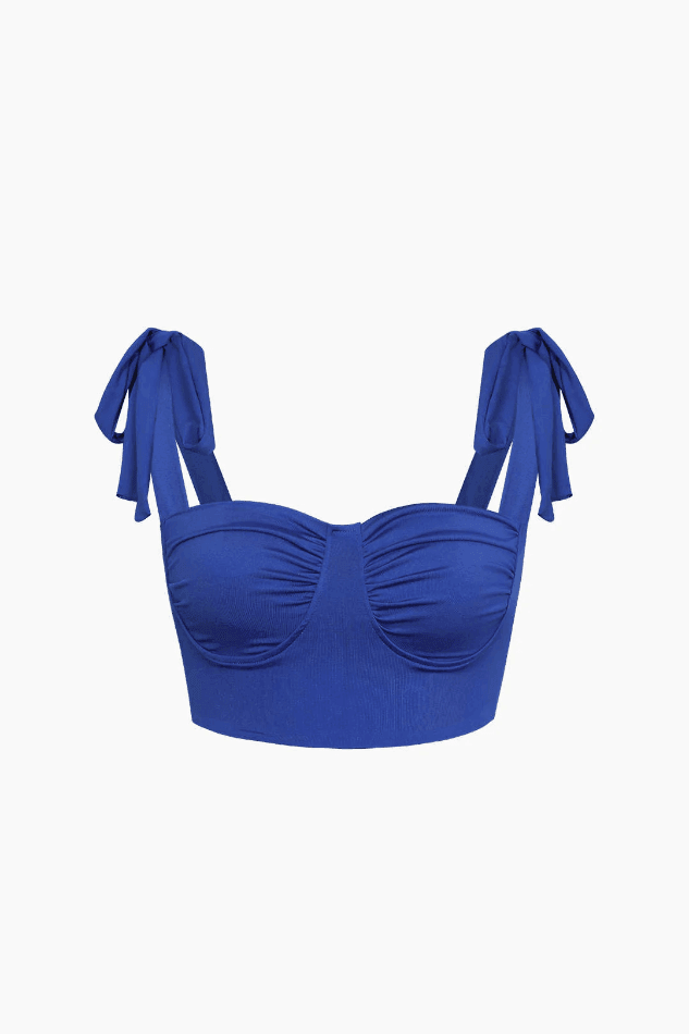 2024 Tie Strap Ruched Bust Crop Top Blue S In Tank Tops And Cami Online