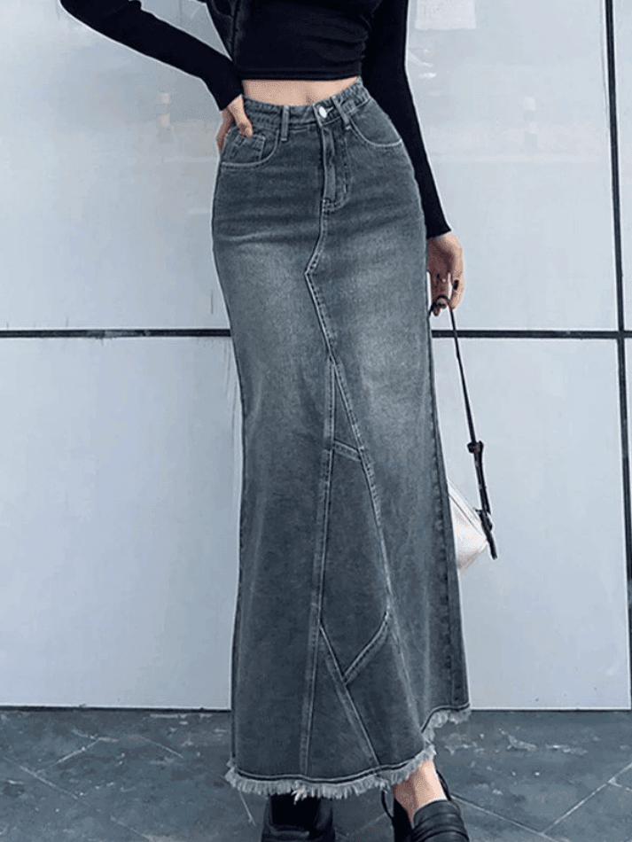 2024 Back Slit Patchwork Long Denim Skirt Blue S In Skirts Online Store